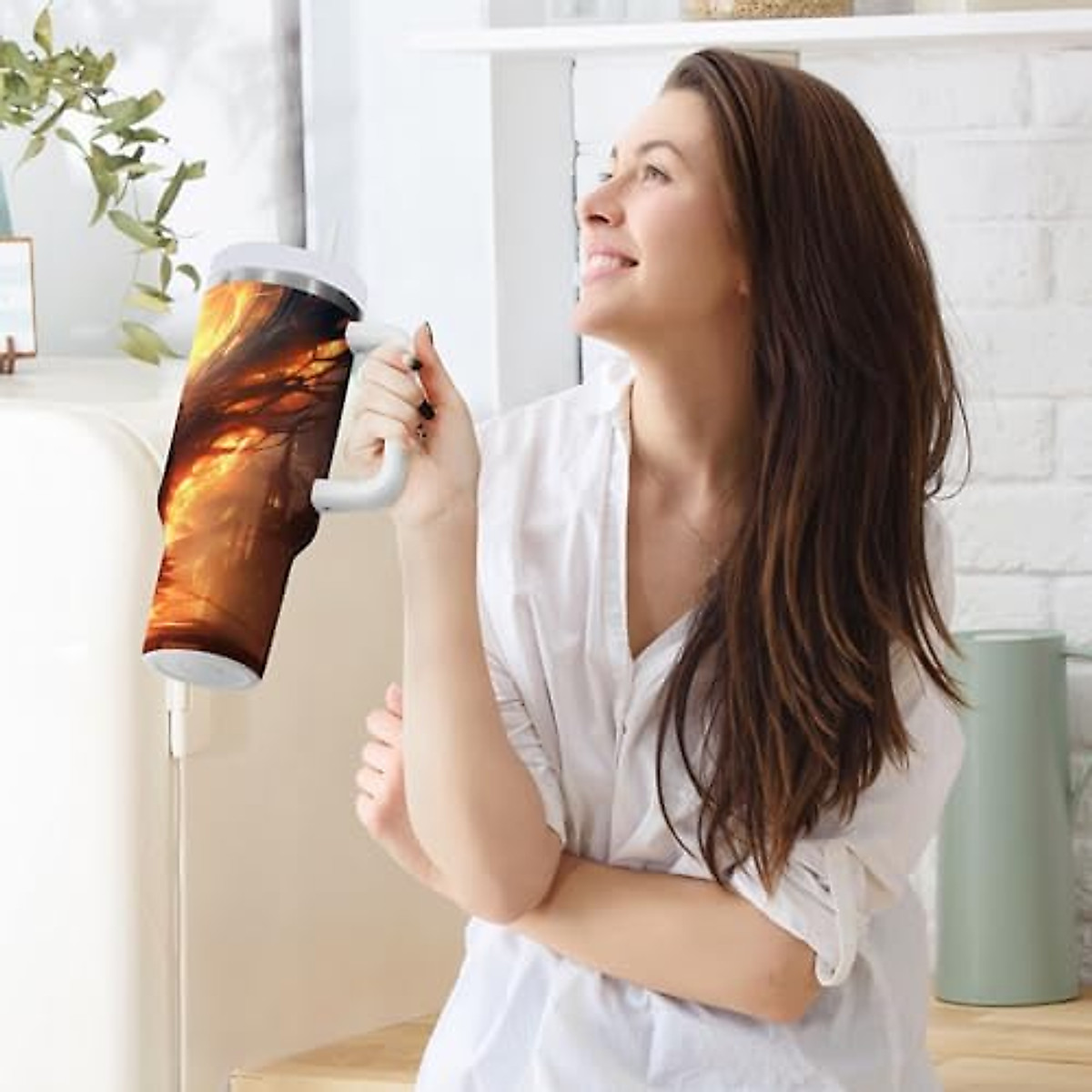 ARGTILDN 40 oz Tumbler Black Cat Fire Insulated Travel Mug with Handle and Straw Lid Stainless Steel Vacuum Coffee Cup Tea Beverage Container Water Bottles for Car Sports office