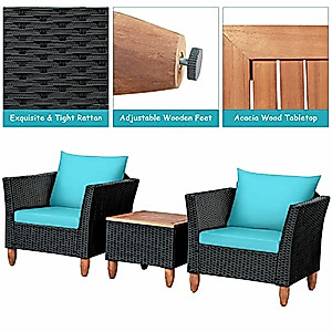 LIRUXUN 3PCS Outdoor Patio Rattan Furniture Set Wooden Table Top Cushioned Sofa Black Coffee Table (Color : D)