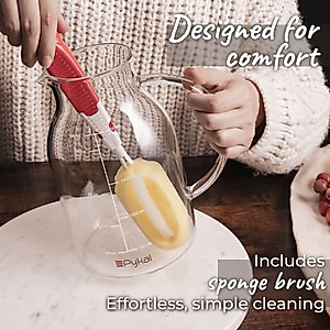 Pykal Glass Water Pitcher with Lid - 68 Oz - Heat Resistant Iced Tea or Coffee Jug with Handle and Lid - Borosilicate Pitchers for Hot or Cold Liquids - w/Free Brush