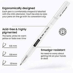 ARTEZA White Gel Pen Set, Pack of 12, White Gel Pens for Artists with 0.6mm, 0.8mm, and 1.00 mm Nibs, White Rollerball Pens for Writing, Drawing, Taking Notes & Sketching
