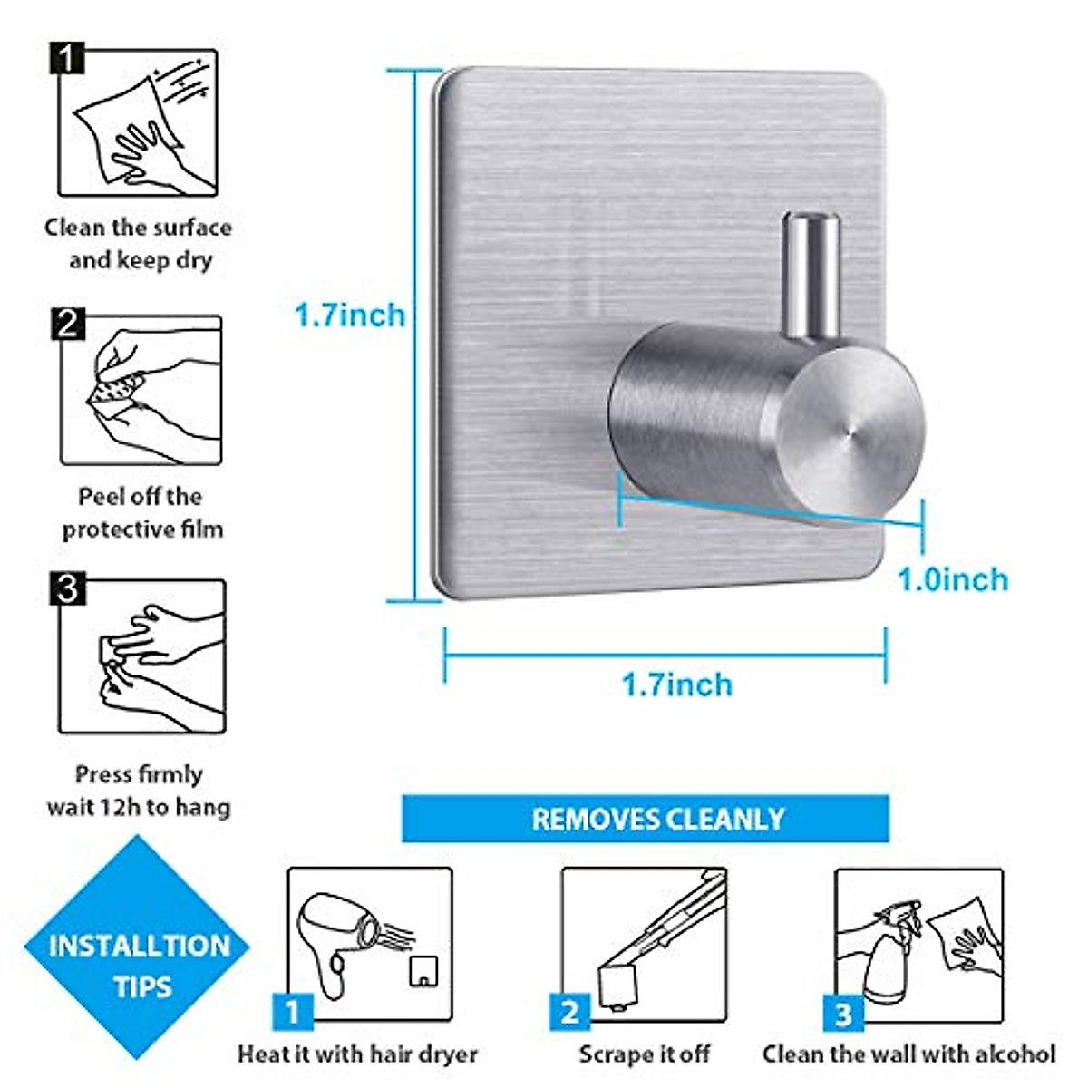 TBMax Adhesive Hooks Towel Hook - 4 Pack Heavy Duty Wall Hooks, Stainless Steel Hooks for Hanging Bathroom Robe/Coat/Kitchen Utensil/Bag