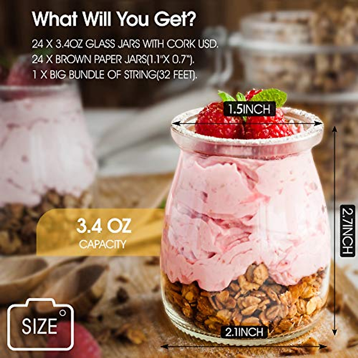 Glass Favor Jar with Cork Lids, Hoa Kinh 24 Pack 3.4Oz Glass Flavor Jars Small Clear Glass Container for Candy, Pudding, Jam, Yogurt, Spices, Honey, Wedding Favors