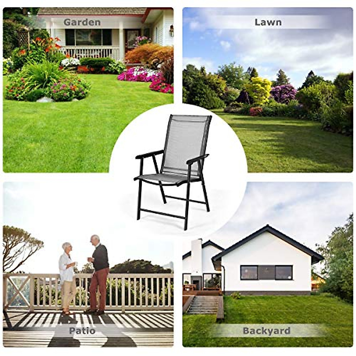 S AFSTAR Safstar Patio Chairs, Outdoor Foldable Sling Chairs with Armrests for Lawn Garden Backyard Poolside Porch, Folding Outdoor Chairs (Set of 2, Gray)