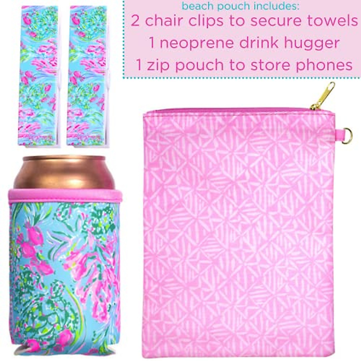 Lilly Pulitzer Water Resistant Vinyl Beach Day Pouch - Includes Drink Hugger, Zip Pouch, and Towel Clips, Best Fishes