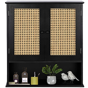 Bathroom Medicine Cabinet Wall Mounted,Black Rattan Storage Cabinet,Towel Cabinet for Bathroom Storage Over the Toilet,Floating Cabinet for Small Spaces,Hanging Cabinet for Kitchen Laundry Living Room