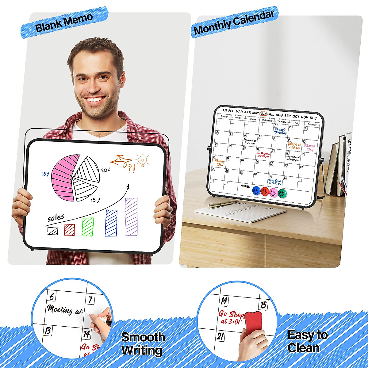 Xpener Dry Erase Calendar White Board for Wall, 14" x 11" Magnetic Double-Sided Whiteboard with Stand for Desktop, Kids Desk Whiteboard Monthly Planner Schedule Board for Home, Office, School (Black)