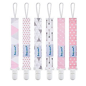 Smlpuame Pacifier Clip Girl,6 Pack Stylish Binky Clips Strap for Baby Girls,Paci Holder with Clip Lightweight Universal Fits Most Pacifiers Teether Toy Teething Ring Soothie,Baby Gifts(Pink & Grey)