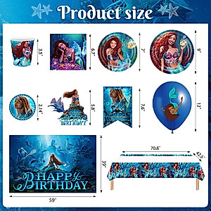 YUNKELIU Little Mermaid Party Decorations, Ariel Birthday Decorations Includes Backdrop, Happy Banner, Balloons, Tablecloth, Cake Cupcake Toppers, Tableware for Under the Sea Theme Decor