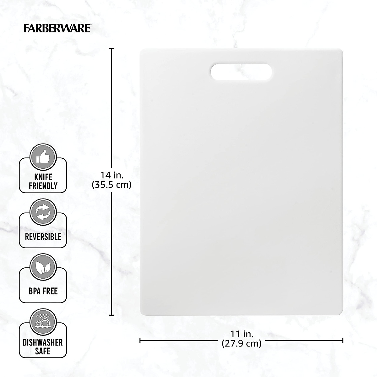 Farberware Large Cutting Board, Dishwasher- Safe Plastic Chopping Board for Kitchen with Easy Grip Handle, 11-inch by 14-inch, White