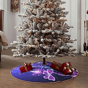 EVANEM 36" Christmas Tree Skirt Butterfly Purple Christmas Tree Decorations Linen Waterproof Xmas Tree Mat with Pom Pom Trim for Holiday Christmas Party Rustic Farmhouse Decorations