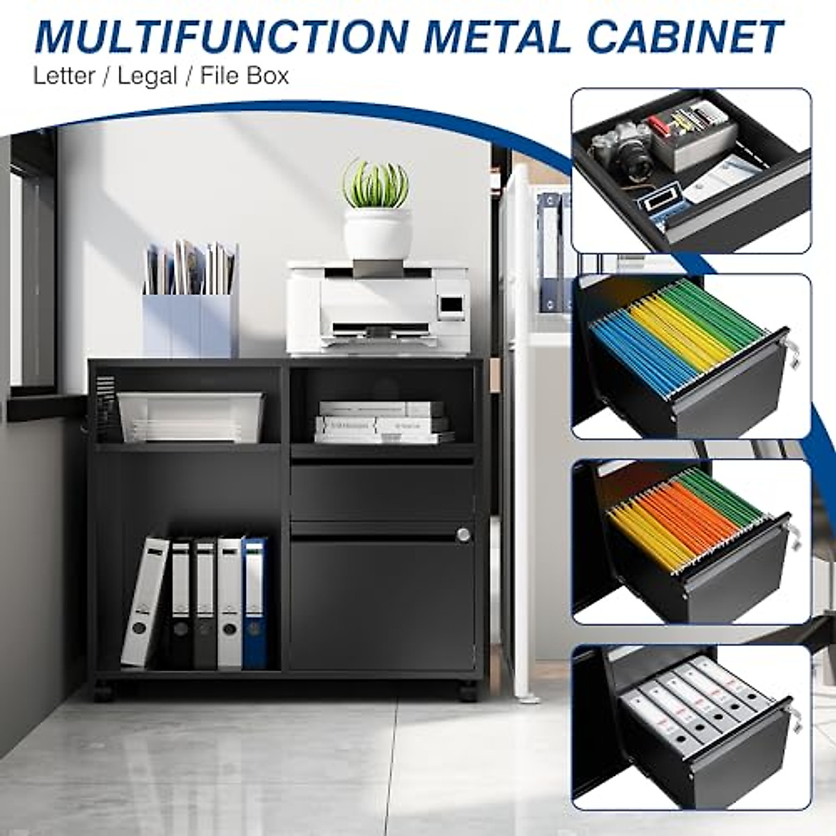 Fesbos Metal File Cabinet with Shelves & 2 Lockable Drawers - Home Office Black Lockable Lateral Filing Cabinet for Hanging Files Letter/Legal/F4/A4 Size - Assembly Required