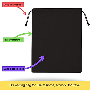 DR Black Cotton Drawstring Bags for Storage, Wardrobe, Travel and Household Organization (8 x 10 inch - 12 pack)