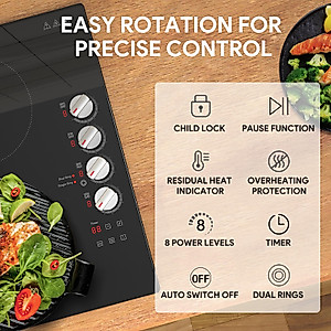 TTHOB Electric Cooktop 30 Inch, 4 Burners Electric Stove Top 220-240V 6600W Built-in Radiant Expand Outer Heating Rings, Timer, Child Lock, Residual Heat Indicator, Knob Control, Hard Wired, No Plug
