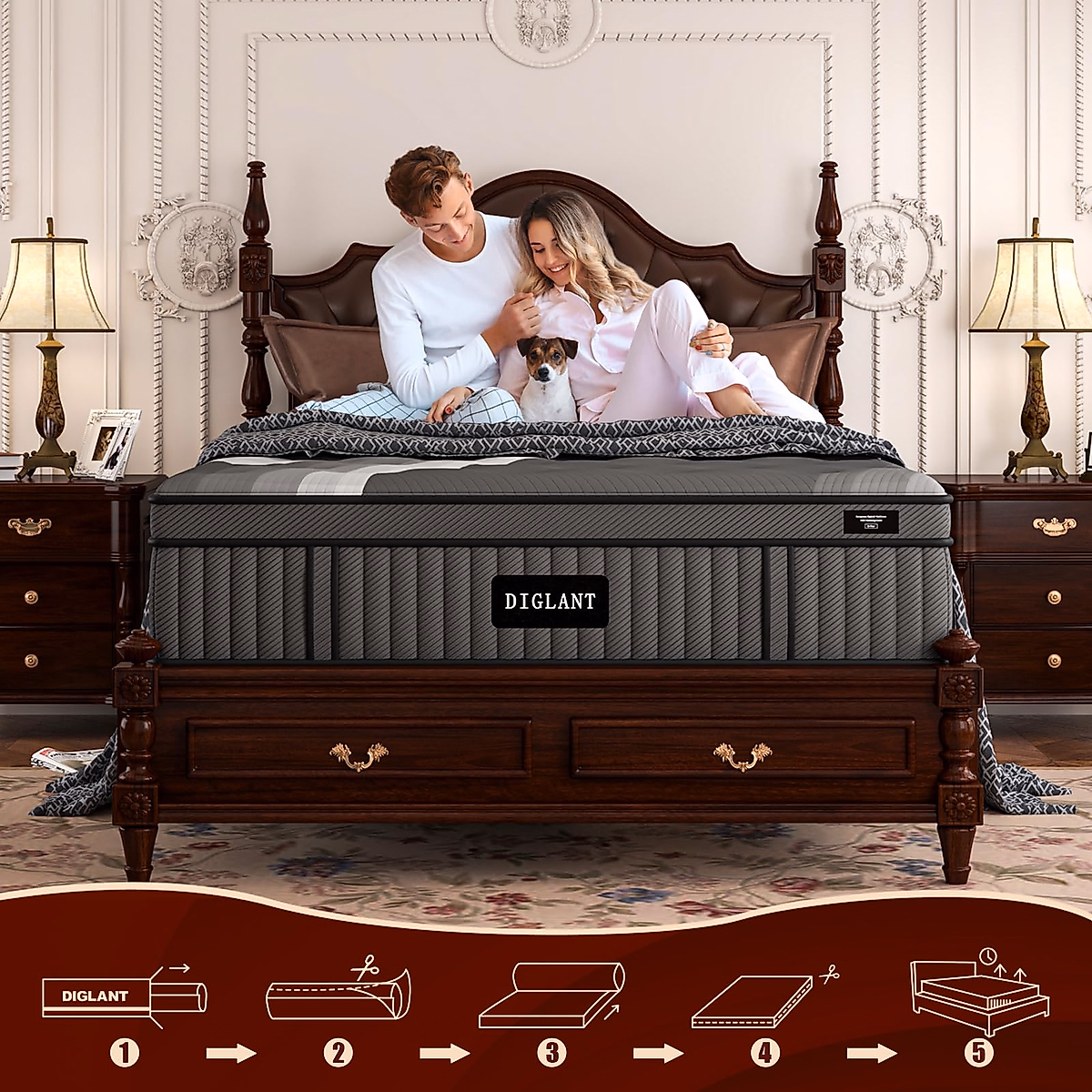 Queen Mattress DIGLANT 14 Inch Memory Foam Hybrid Mattress in a Box, Motion Isolation Individually Pocket Spring, Supportive & Back Pain Relief, Queen Size Plush Mattress, Black, 60”x80”