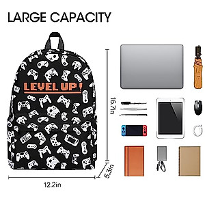 Lightweight Gamer Boys School Backpack, Classic Bassic Bookbag for Middle School Students, Cute Game Patterned Casual Daypack for College, Travel, Work with 15-Inch Laptop Compartment, 17 IN-Black