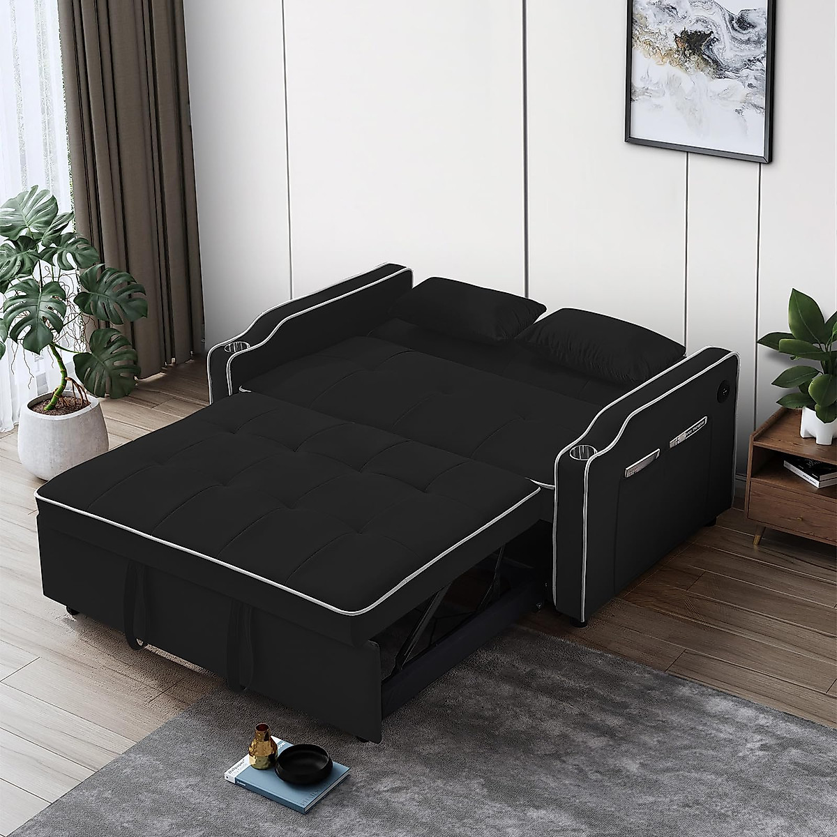Velvet Pull Out Sleeper Sofa Bed with USB Ports, Convertible Futon Couch with Cup Holders and Pockets, 3 in 1 Modern Loveseat with Adjustable Backrest, Small Love Seat for Living Room, Office, Black