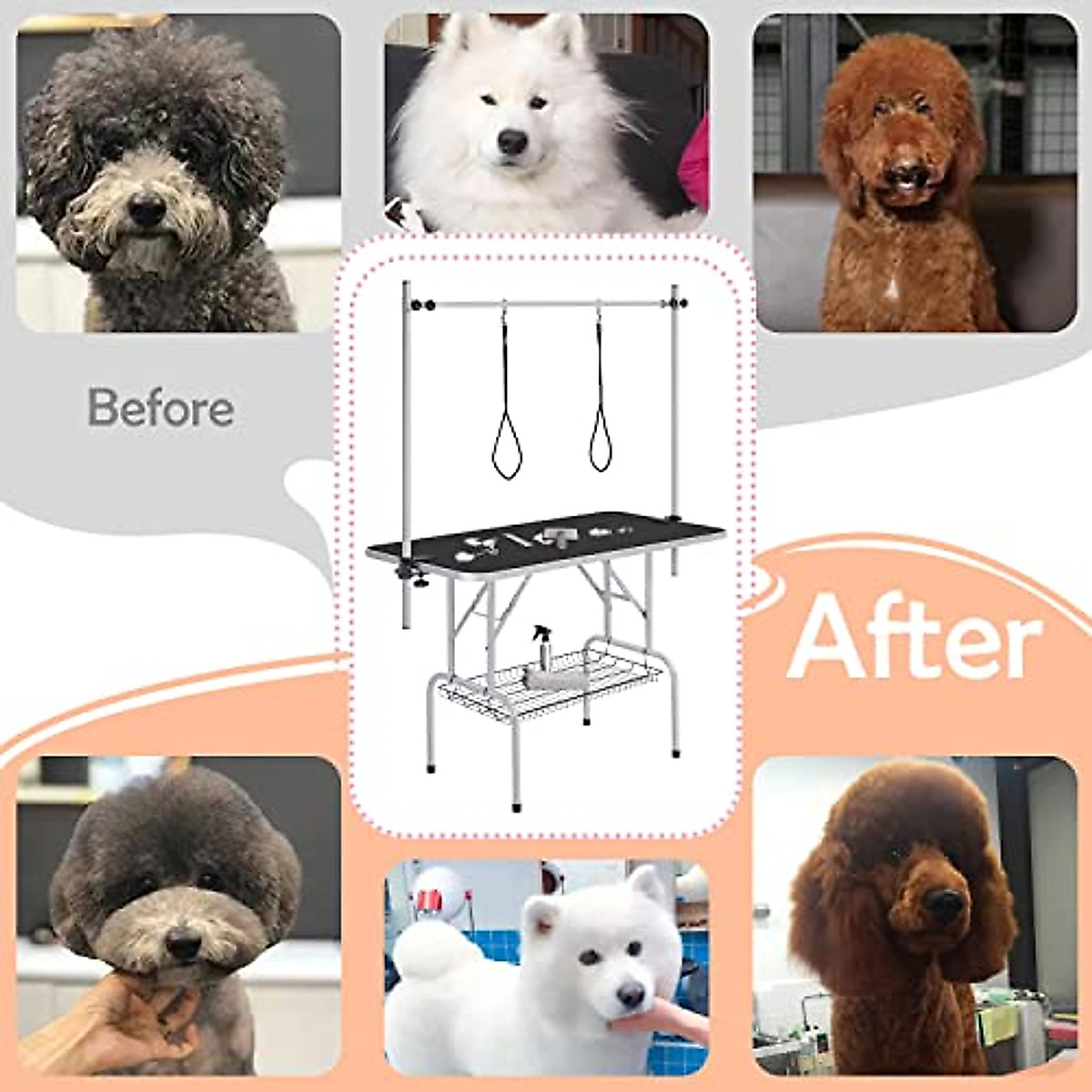 Yaheetech 46'' Pet Grooming Table for Large Dogs Adjustable Height Portable Trimming Table Drying Table w/Arm/Noose/Mesh Tray Maximum Capacity Up to 265Lb, Black