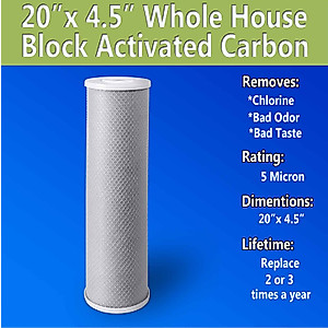 High Capacity Coconut Shell Carbon Block Water Filter 5 Micron Cartridge 4.5" x 20" for Universal Whole House System WELL-MATCHED with CB-45-2005, FC25B, FLTWH2045C02 and PRL-RCL (4 Pack)