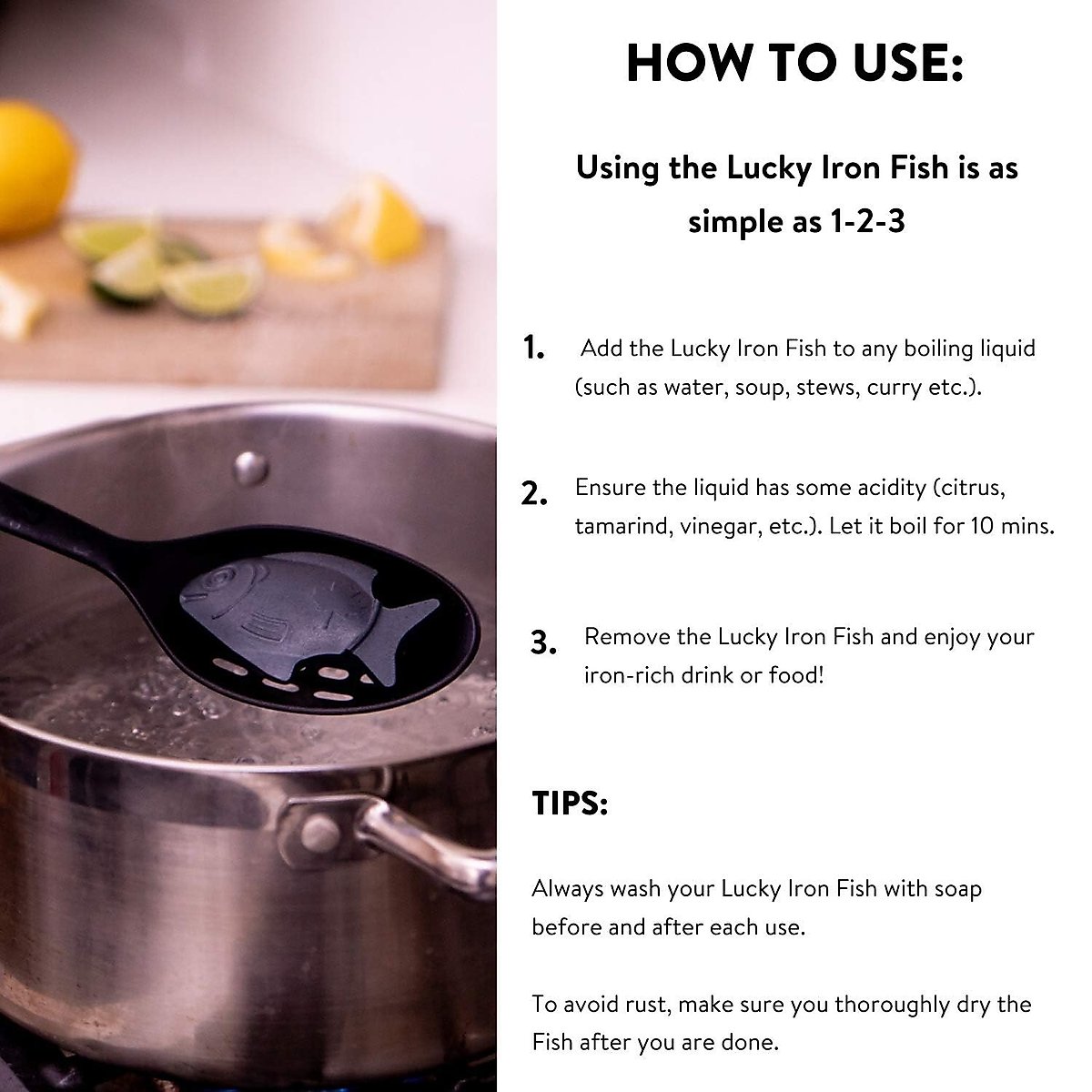 Lucky Iron Fish Ⓡ A Natural Source of Iron - The Original Cooking Tool to Add Iron to Liquid-Based Meals, Reduce Iron Deficiency Risks - an Iron Supplement Alternative, Ideal for Menstruators & Vegans