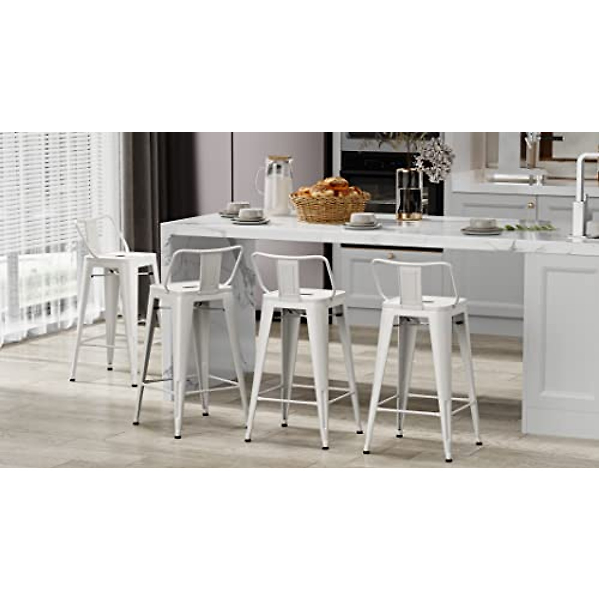 Changjie Furniture Metal Barstools Set of 4 Industrial Bar Stools Counter Stools with Backs Indoor-Outdoor Counter Height Bar Stools (24 inch, White)