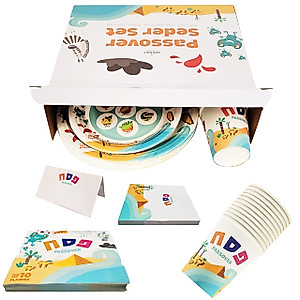 Passover Disposable Seder Plate Set - Ten Plagues Design - 9" and 7" Plates, Cups, Napkins, and Place Cards, 120 Piece Set, Serves 24 People