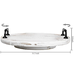 MyGift 12 Inch Whitewashed Wood Lazy Susan Turntable Rotating Tray, Round Condiment Serving Tray with Black Vintage Metal Handles