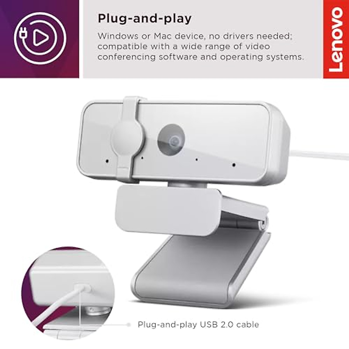 Lenovo HD 1080p Webcam (300 FHD) - Monitor Camera with 95° Wide Angle, 360° Rotation Pan & Tilt, Dual Microphones – Attachable Desktop Cam with Privacy Shutter for Remote Work, Streaming & Gaming