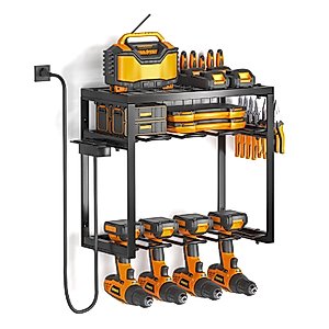 Power Tool Organizer Wall Mount, 3 Layers Drill Holder With Charging Station, Heavy Duty Garage Tool Storage，Utility Racks Shelf for Tool Batteries, Screwdriver, Wrench