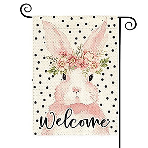 AVOIN colorlife Polka Dots Easter Bunny Garden Flag 12x18 Inch Double Sided Outside, Floral Rabbit Welcome Holiday Yard Outdoor Decoration