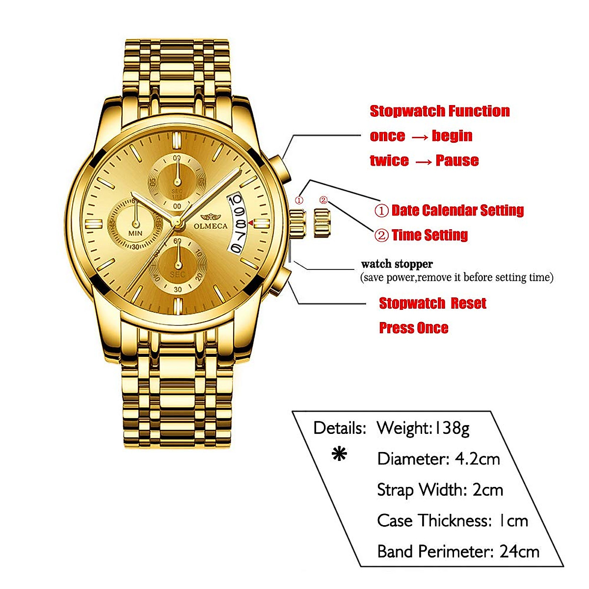 DREAMING Q&P Gold Plating Men's Analog Quartz Mutifunctional Watches for Man Stainless Steel Strap Gold Face Wristwatch