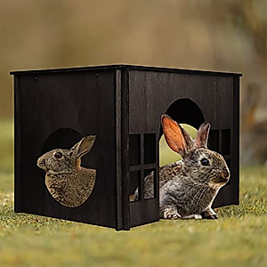 Rabbit House Wooden, Rabbit Houses and Hideouts WHEARTED, Large Rabbit Hideout Bunny House with Multiple Windows for Indoor Adult Bunnies Guinea Pigs Chinchilla Habitat - Walnut Color