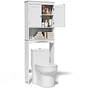 Gizoon Over The Toilet Storage Cabinet with Adjustable Shelf and Double Doors, Bathroom Space Saver Organizer Above Toilet with Open Shelf, Taller Wooden Free Standing Toilet Rack -White