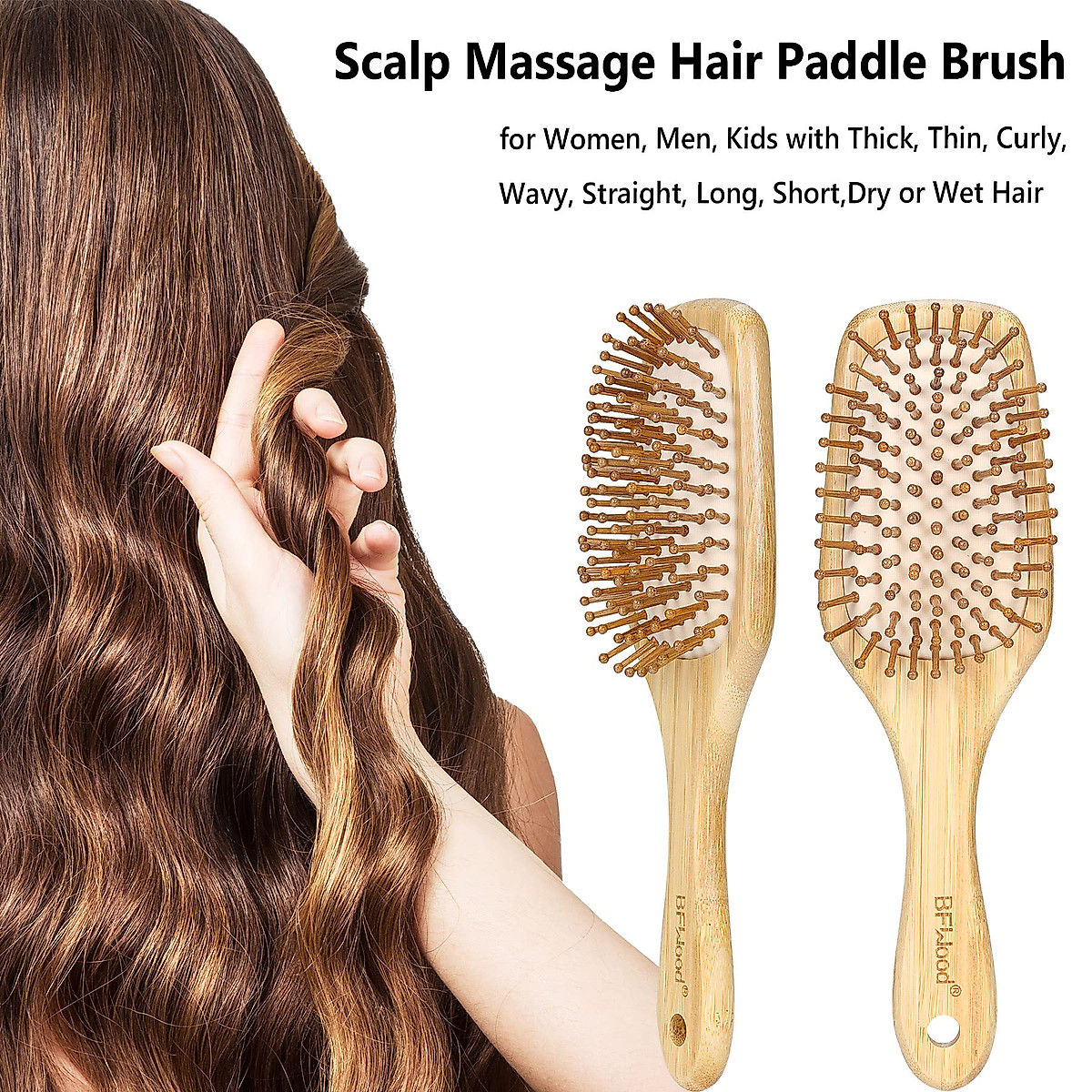 Bamboo Hair Brush with Paddle - Rounded Wood Bristles for Detangling and Gently Massaging Scalp by BFWood, Reduces Frizz and Static