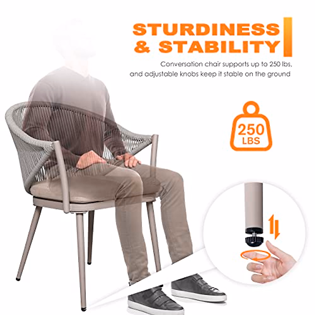 Nuu Garden Outdoor Dining Chairs Set 2, 2 Piece Bistro Dining Chairs, Rope Single Chair Set of 2 with Cushions, Coffee & Light Grey