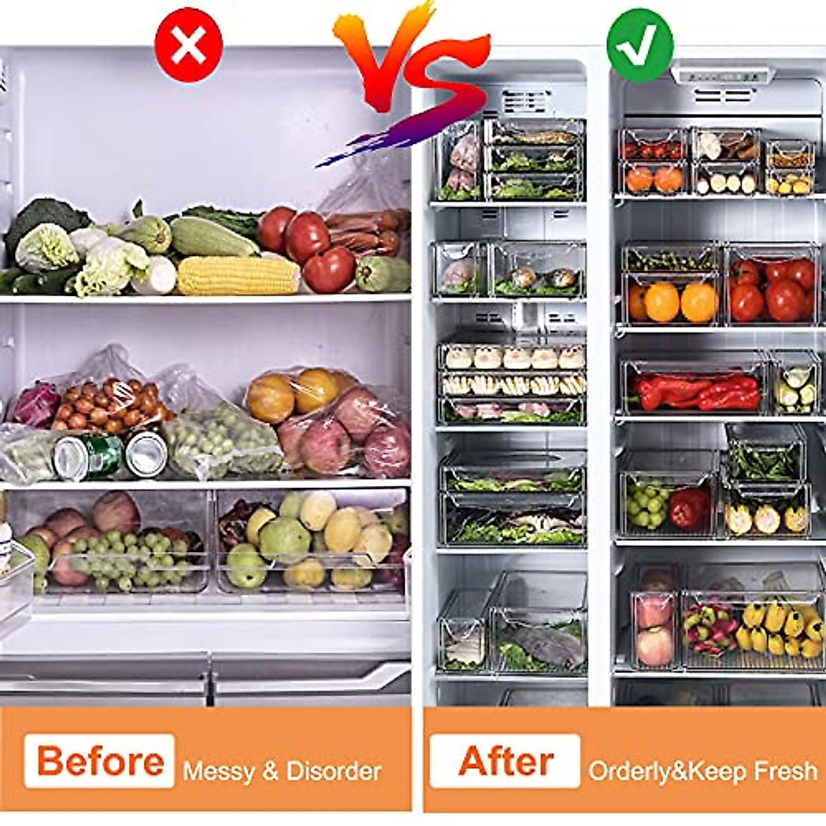 Set Of 7 Fridge Organizer Stackable Refrigerator Organizer Bins with Lids, Kitchen Organization and Storage Clear Plastic Storage Bins, BPA-Free Pantry Storage Bins for Food, Drinks, Fruits, Vegetable