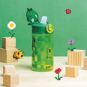 Zak Designs Sage Minecraft Kids Water Bottle For School or Travel, 16oz Durable Plastic Water Bottle With Straw, Handle, and Leak-Proof, Pop-Up Spout Cover (Creeper)