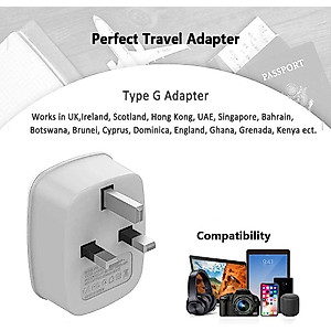US to UK Ireland Travel Plug Adapter 2 Pack, TESSAN Type G Power Outlet Adaptor with 2 USB for USA to Dubai Scotland British London England Qatar Irish