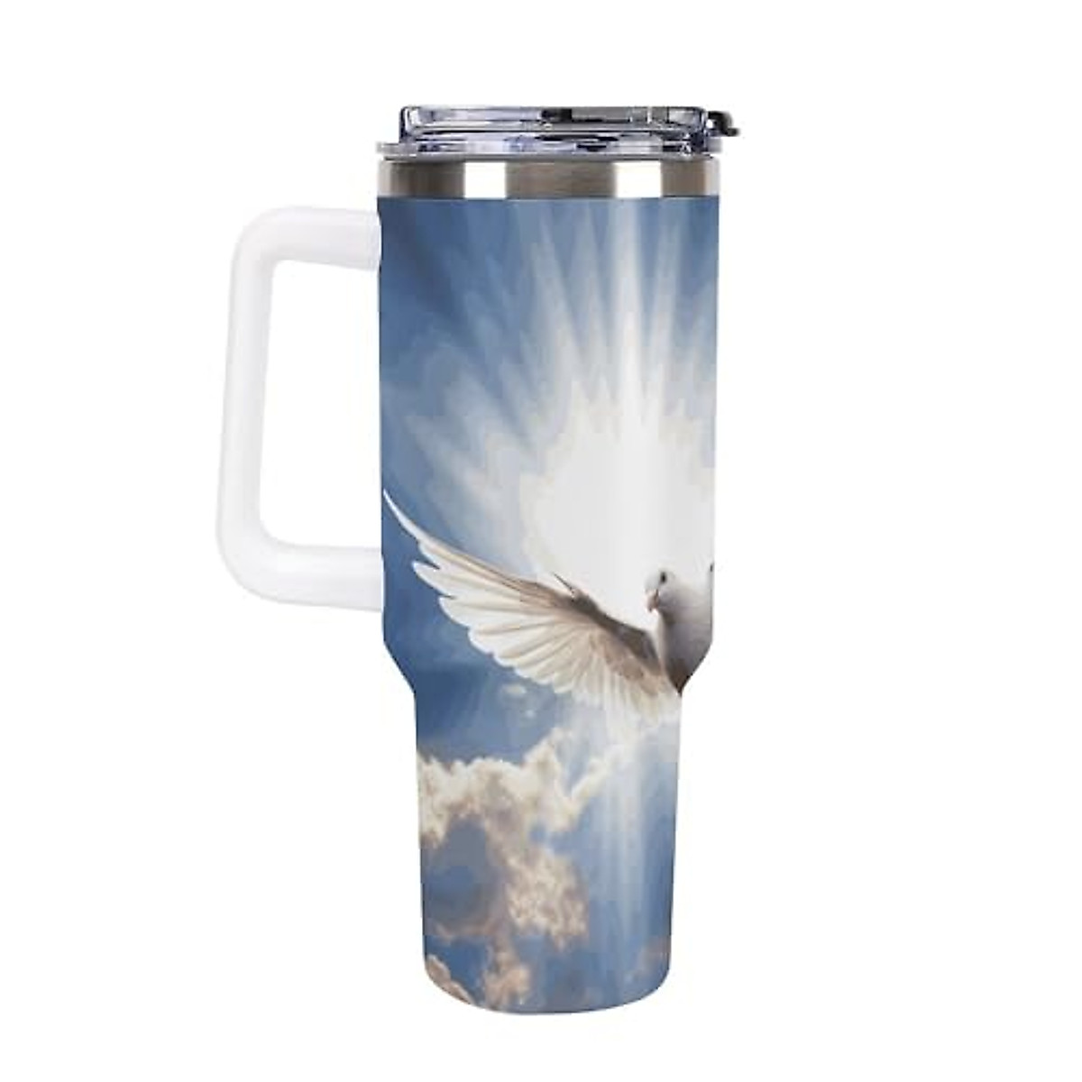 LLUTSNTH 40 Oz Vacuum Tumbler with White Handle Leakproof Insulated Tumbler Dove Sky Stainless Steel Travel Mug with Lid And Straw Coffee Cup Cute Water Bottles Cup Holder Friendly