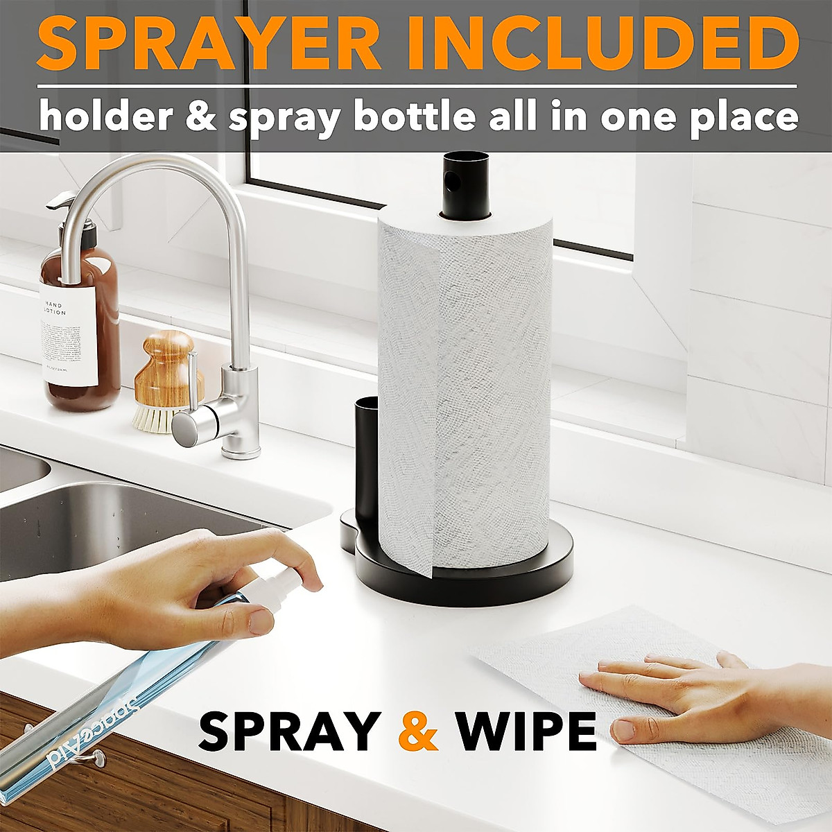 SpaceAid SprayNeat Paper Towel Holder with Spray Bottle, Countertop Paper Towels Dispenser Stand with Sprayer Inside Center, Under Cabinet Papertowels Roller for Kitchen (Black)