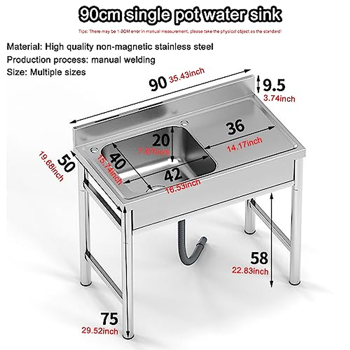 Freestanding Stainless Steel Sink, Commercial Stainless Steel Sink, Small Stainless Steel Sink, Portable Sink, Outdoor Sink Station With Hose For Restaurant, Cafe, Bar, Hotel, Garage