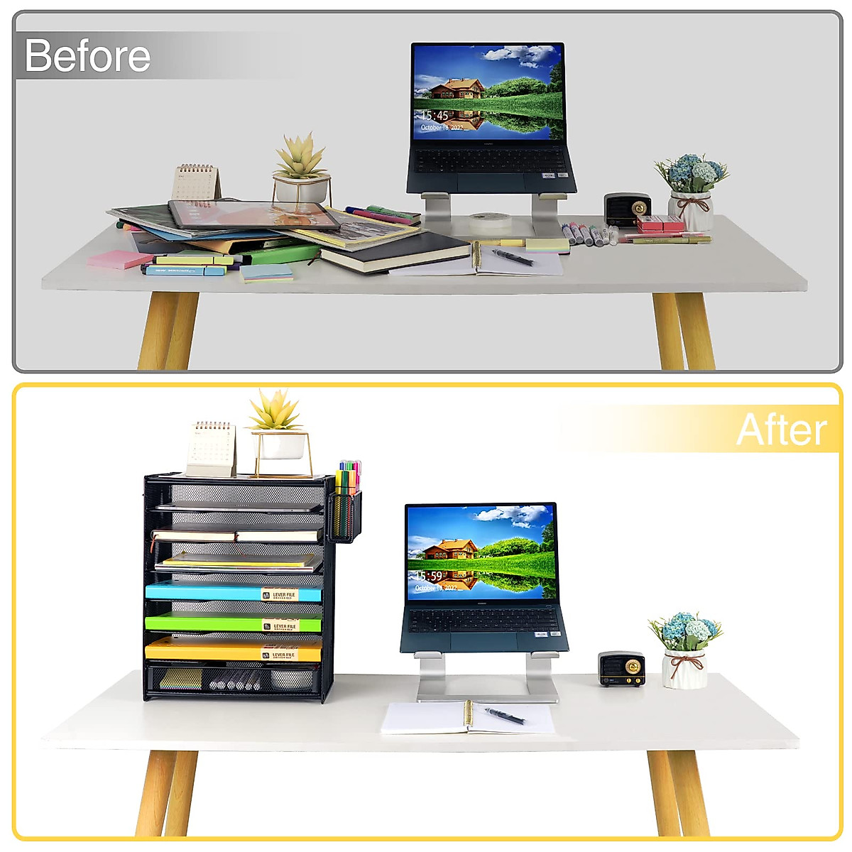 VEESUN Desk Organizer 8-Tier，Paper Organizer Letter Tray With Sliding Drawer And Pen Holder, Desk File Document Organizer Shelf And Sorter, Black For School Home Office