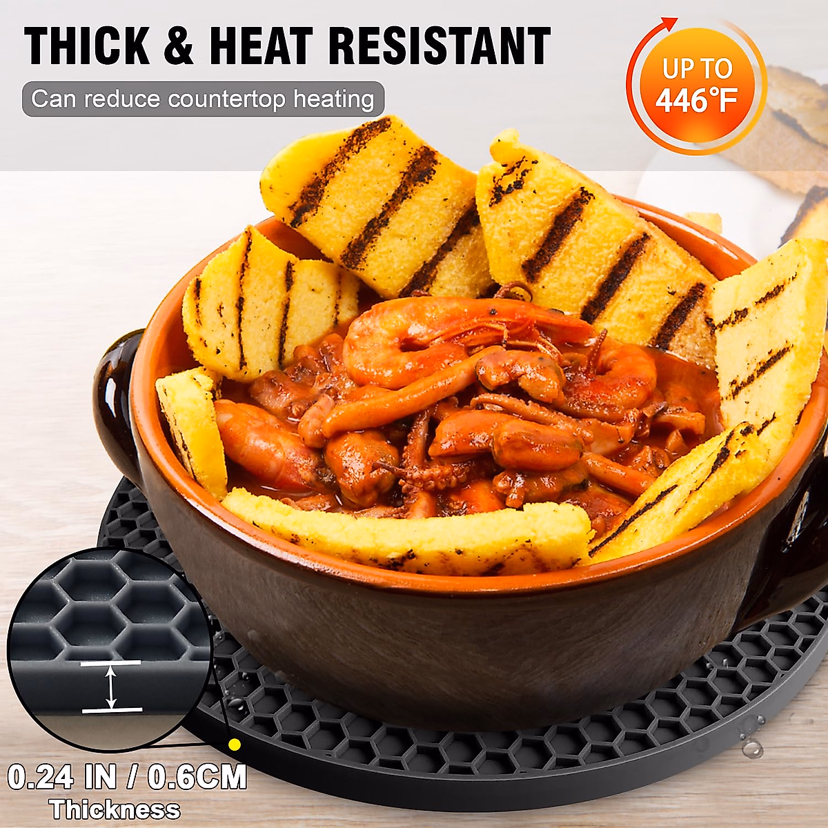 Walfos Silicone Trivet Mats - 4 Heat Resistant Pot Holders, Multipurpose Non-Slip Hot Pads for Kitchen Potholders, Hot Dishers, Jar Opener, Spoon Holder, Food Grade Silicone & BPA Free (Black)