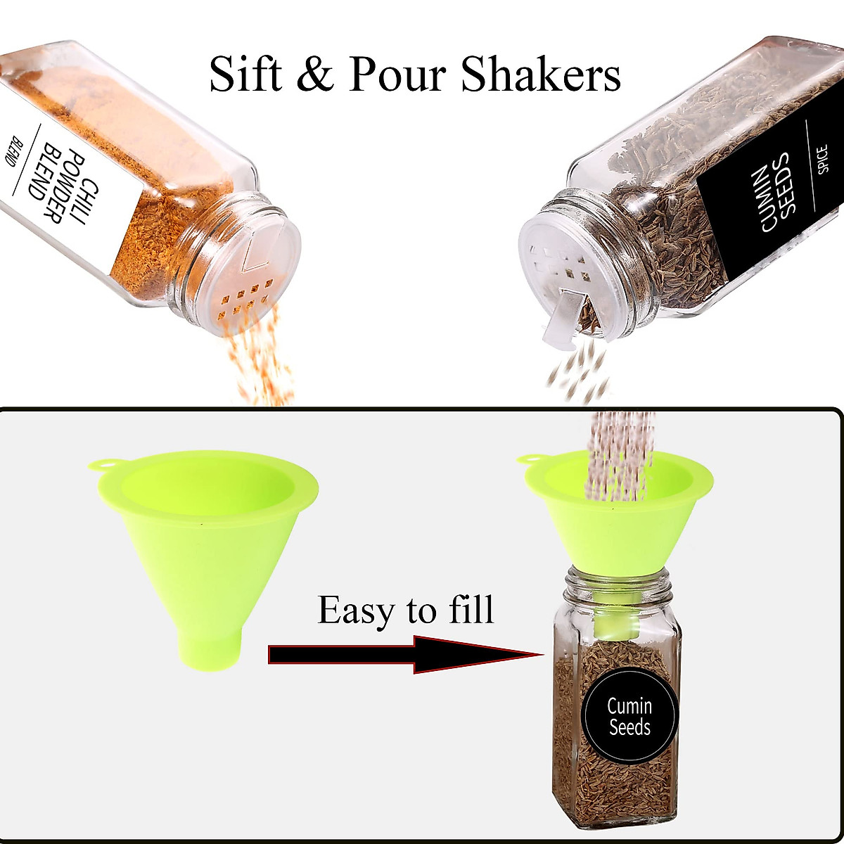 SWOMMOLY 36 Glass Spice Jars with Labels,4 oz Empty Square Spice Jars with Bamboo Lids,5 Different Types of Spice Labels Sets, Spice Bottles with Shaker Lids