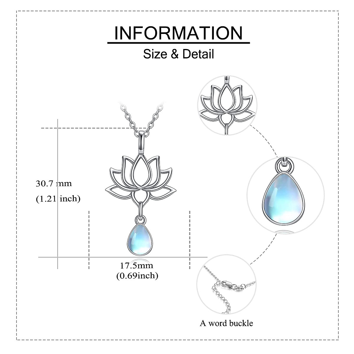 URONE Lotus Flower Pendant Necklace for Women Sterling Silver Simulated Moonstone Yoga Jewelry Gift