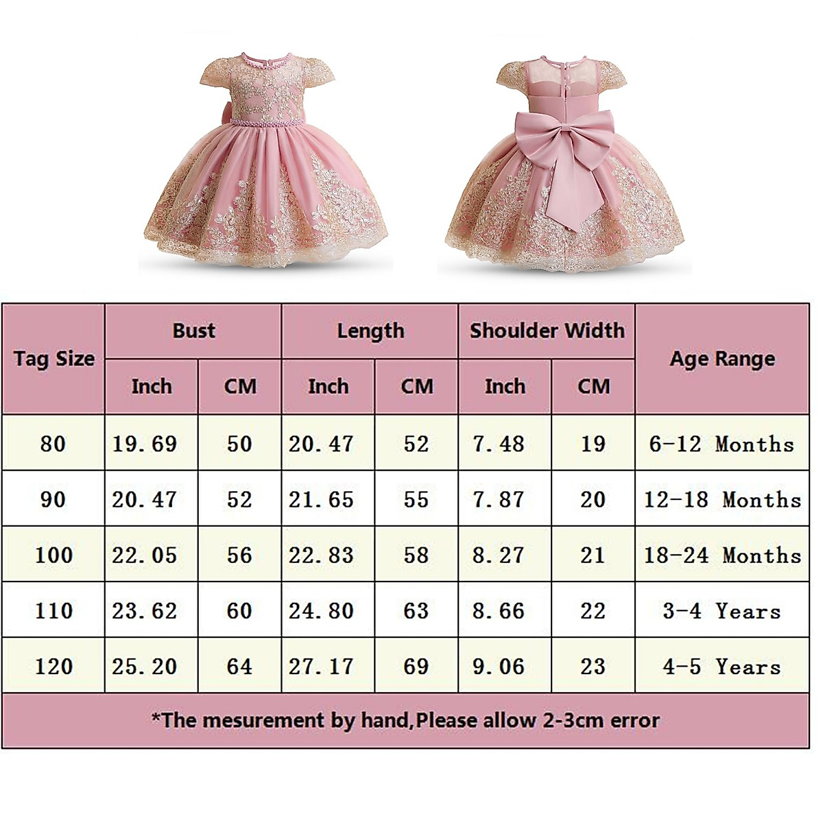 NNJXD Baby Girl Birthday Tutu Gown Pageant Party Wedding Dress 2035 Light Pink Size(90) 12-18 Months