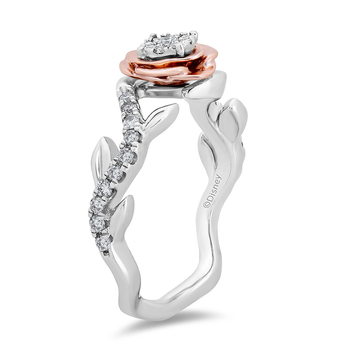 Jewelili Enchanted Disney Fine Jewelry 14K White Gold and Rose Gold 1/4 Cttw Diamond Belle Promise Ring Size 8