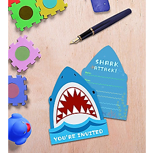 Yangmics Direct 25 Pack Shark Birthday Party Invitations with Envelopes-Double Sided -Shaped Fill-In Invitations-Shark party supplies