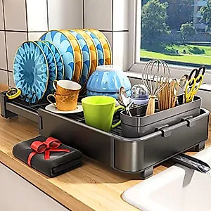 Dish Drying Rack, Aluminium Rustproof Expandable (14.9''-22.3'') Kitchen Counter Dish Rack with Drainboard, Dish Drainer with Drying Mat Utensil Holder Sink Caddy, Black