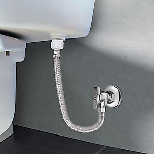 PURAGIER 2 Pack Complete Toilet Set Valve,1/2 inch Nom Inlet x 3/8 Inch Od Compression Outlet Angle Stop Valve+15 Inch Long Stainless Steel Braided Water Supply Line+Escutcheon Plate