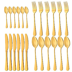 Dicunoy 24 PCS Gold Silverware Set, Gold Forks and Spoons, Stainless Steel Gold Plated Cutlery Utensils with Storage Case for Wedding Festival Christmas Party Dinner Table, Service of 6